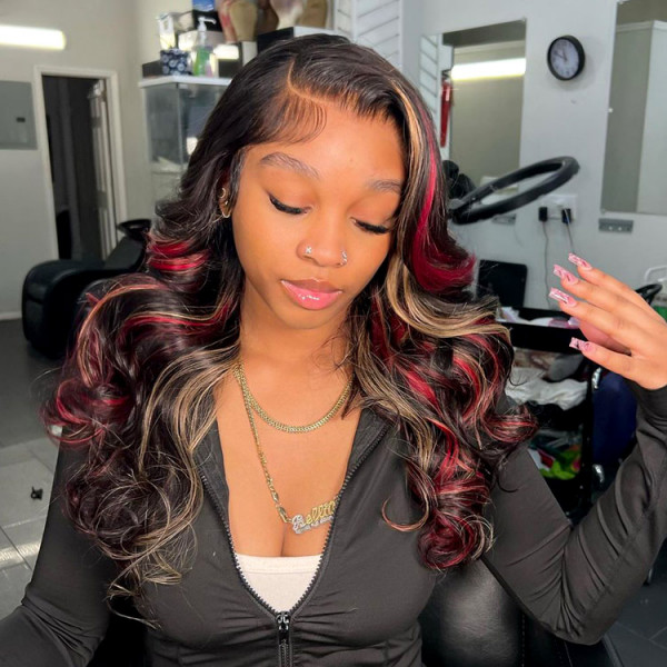 Highlight Body Wave Wig With Red And Blonde Mixed Highlight -West Kiss Hair