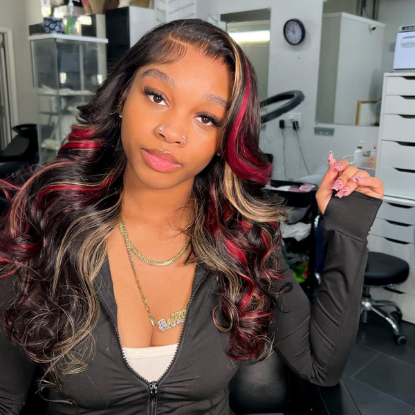Highlight Body Wave Wig With Red And Blonde Mixed Highlight -West Kiss Hair