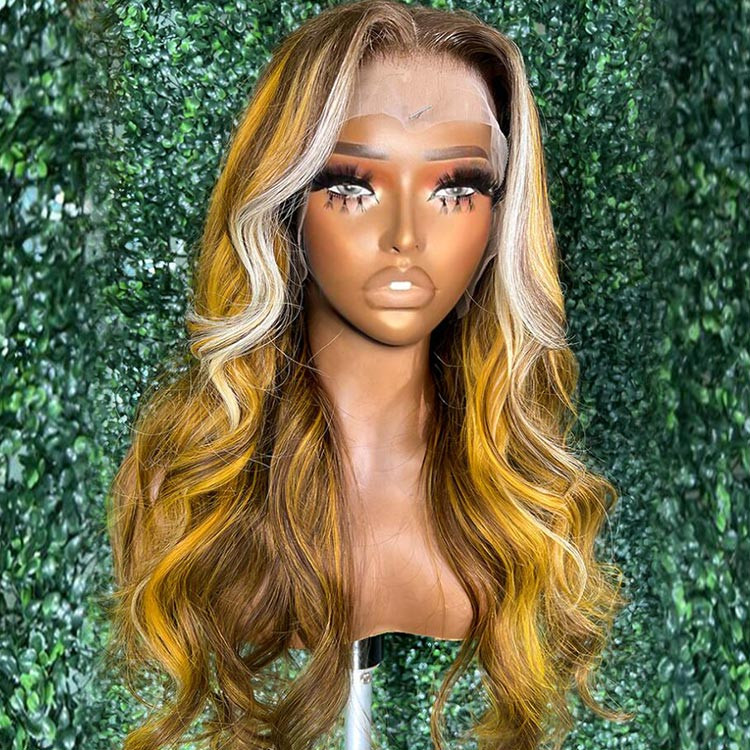Brown And Yellow Highlight Wig Lace Front Colorful Wig -West Kiss Hair