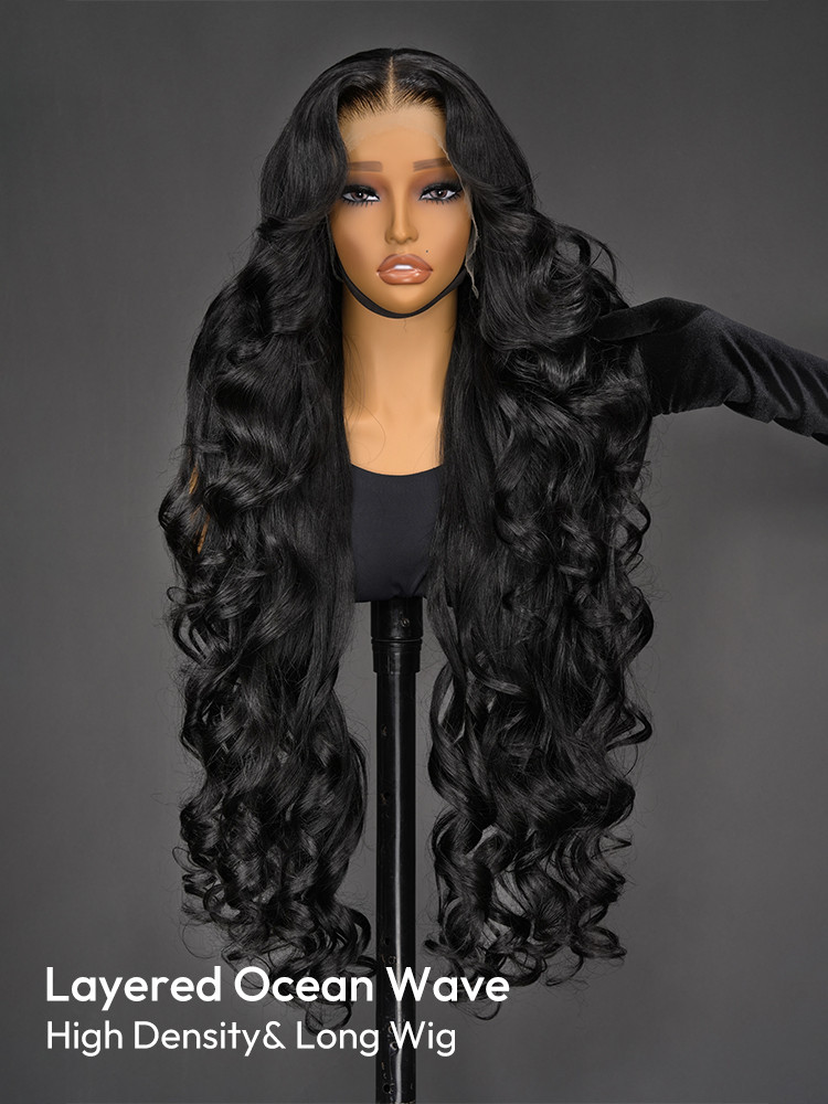 30-40Inch Natural Black Ocean Wave Layered Long Wigs 13x6 HD Lace Front ...